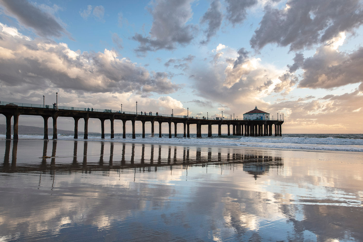 Manhattan Beach Pier, at Sunset, with a reflection, at low tide ...